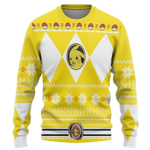 Mighty Morphin Yellow Power Ranger Pokemon Pikachu Christmas Sweater